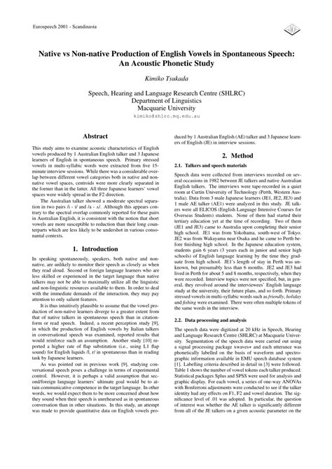 Pdf Native Vs Non Native Production Of English Vowels In Spontaneous Speech An Acoustic