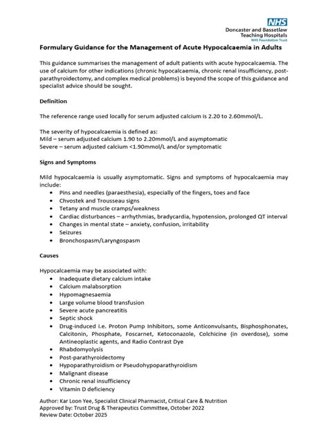 Formulary Guidance For The Management Of Acute Hypocalcaemia In Adults Pdf