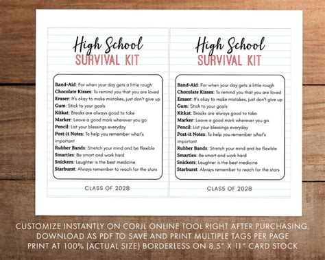 Editable High School Survival Kit Printable Class Of 2025 Etsy Australia
