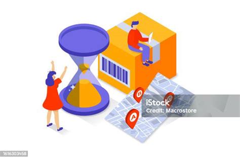 3d 등각 투영 설계의 운송 및 물류 개념입니다 사람들은 온라인 지도에서 소포 배달 및 추적 상자를 지점에서 지점으로 기다리고 있습니다 웹 그래픽을 위한 등각측정 장면이