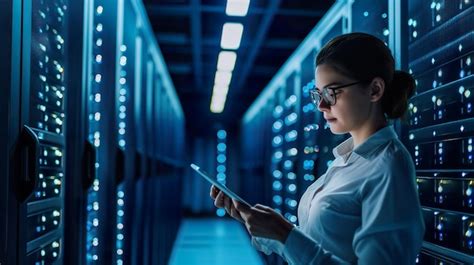 Cyber Data Security Female Engineer In Server Farm Cloud Computing