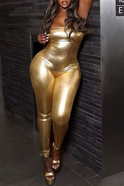 Wholesale Golden Party Club Backless Strapless Skinny Tube Jumpsuits