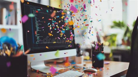 A Cheerful And Festive Workspace Featuring A Colorful Computer Setup Alongside Bright Confetti