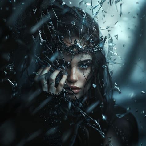Woman Penetrating Gaze Silky Hair In Her Hands A Broken Crown Shards Of