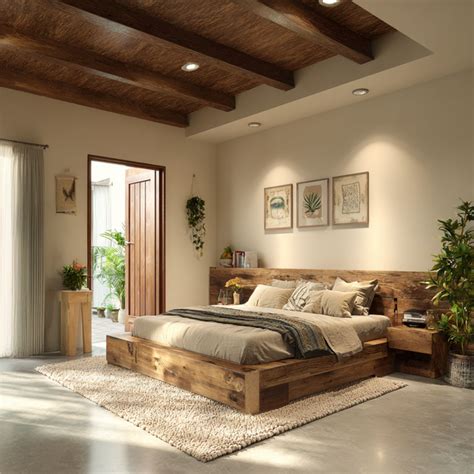 Rustic Master Bedroom Design With Wooden Beams Botanical Prints And