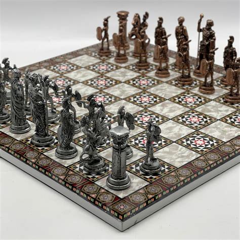 Large Mosaic Marble Pattern Folding Chess Board With Crusaders Metal Chess Pieces Chess Set