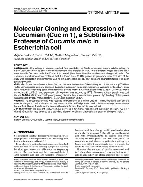 Pdf Molecular Cloning And Expression Of Cucumisin Cuc M 1 A Subtilisin Like Protease Of