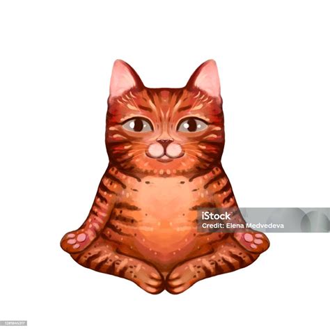 연꽃 자세 명상 또는 요가 운동에서 귀여운 생강 태비 고양이의 그림 명상하기에 대한 스톡 벡터 아트 및 기타 이미지 명상하기