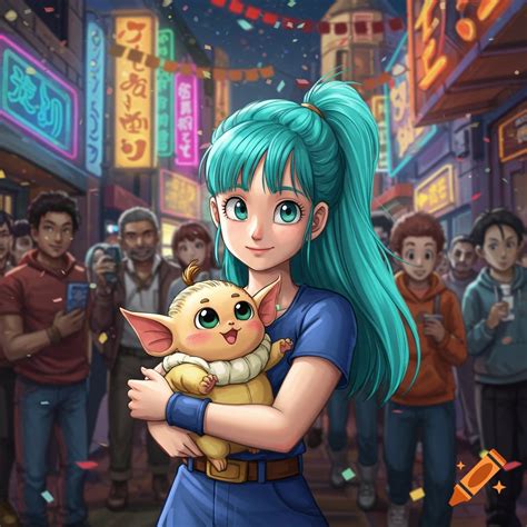 An Anime Character With Blue Hair Holds A White Cat In A Bustling