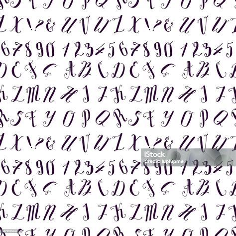 붓글씨 벡터 글꼴 원활한 패턴 배경 숫자 앰퍼샌드 기호 손 그려진된 알파벳 글자 Abc Upfront에 대한 스톡 벡터 아트 및 기타 이미지 Abc Upfront 고풍