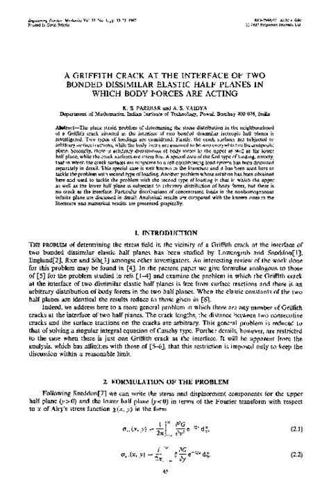 Pdf A Griffith Crack At The Interface Of Two Bonded Dissimilar Orthotropic Elastic Half Planes