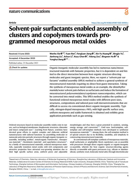 Pdf Solvent Pair Surfactants Enabled Assembly Of Clusters And