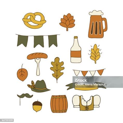 인사말 카드 초대장 배너 포스터 팩 스티커 유리에 대한 바이에른 맥주 축제 옥토버페스트 디자인 요소 모든 개체가 분리됩니다 벡터 그림 가을에 대한 스톡 벡터 아트 및 기타