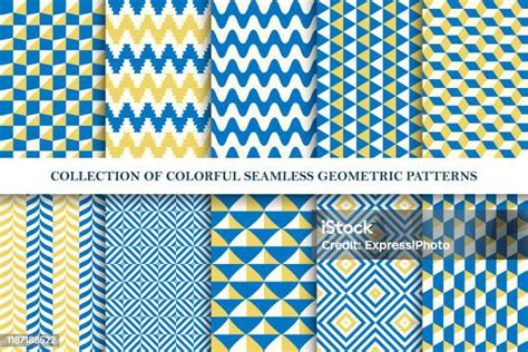 밝은 원활한 다채로운 기하학적 패턴의 컬렉션입니다 끝없는 팬키 텍스처 어떤 디자인과 아이디어에 대한 활기찬 타일 특이한 배경 기하 도형에 대한 스톡 벡터 아트 및 기타