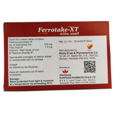 Ferrotake Xt Ferrous Ascorbate Folic Acid Tablet Packaging Type Box Packaging Size 10x1x10