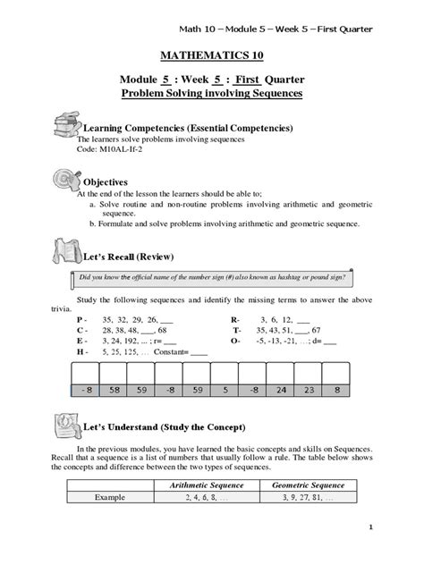 Mathematics 10 Module 5 Week 5 First Quarter Problem Solving