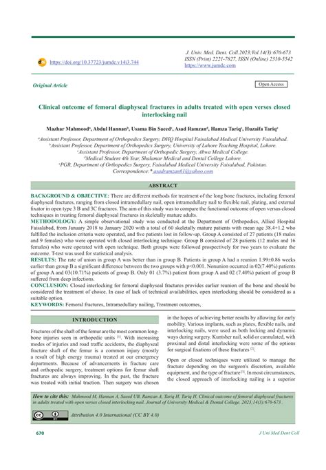 Pdf Clinical Outcome Of Femoral Diaphyseal Fractures In Adults Treated With Open Verses Closed