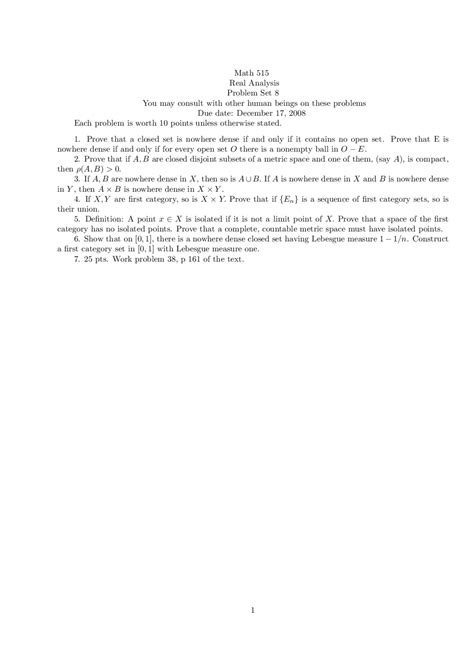 Introduction To Real Analysis I Problem Set 8 Math 515 Docsity
