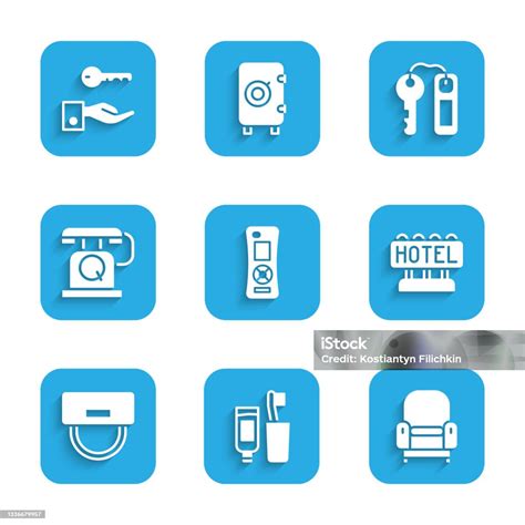 리모컨 칫솔 치약 안락의자 텍스트 호텔 벨보이 모자 전화 단말기 도어 잠금 키 및 아이콘이 있는 간판을 설정합니다 벡터 가구에 대한 스톡 벡터 아트 및 기타 이미지 Istock