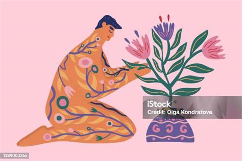 정신 건강의 추상적 인 개념 꽃에 남자와 포스터 삶의 상징 긍정적 인 사고 자기 관리 아이디어 자연과 생명의 권능과의 단합 벡터