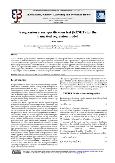 PDF A Regression Error Specification Test RESET For The Truncated Regression Model