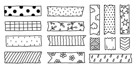 흰색 배경에 고립 된 다양한 귀여운 디자인과 와시 테이프 스트립의 세트 스카치 종이 스티커 낙서 스타일의 벡터 손으로 그린 그림 카드 장식에 적합합니다 접착 테이프에 대한