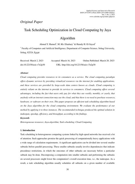 Pdf Original Paper Task Scheduling Optimization In Cloud Computing By