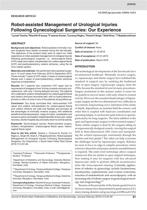 Pdf Robot Assisted Management Of Urological Injuries Following Gynecological Surgeries Our