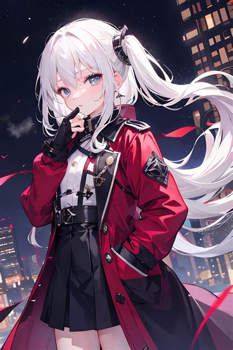 긴 흰색 머리와 검은 드레스를 입은 애니메이션 소녀가 도시 앞에 서 있습니다 Seaart Ai