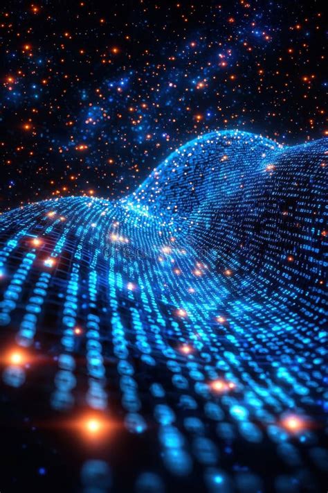 digital data visualization glowing blue binary code starry background