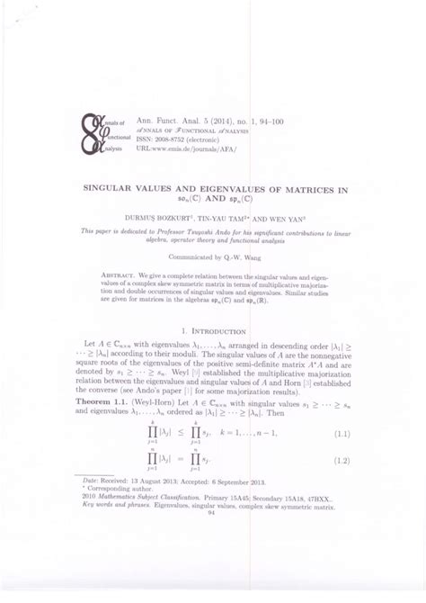 Pdf Singular Values And Eigenvalues Of Matrices In 𝔰𝔬 N ℂ And 𝔰𝔭 N ℂ