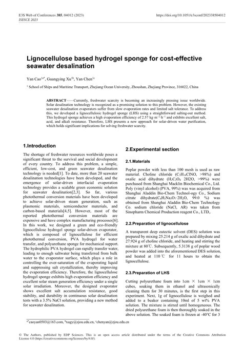 Pdf Lignocellulose Based Hydrogel Sponge For Cost Effective Seawater Desalination