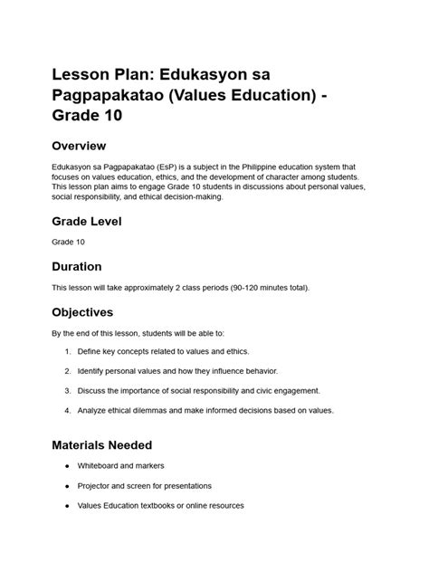 Grade 10 Values Education Lesson Plan Pdf Decision Making Lesson Plan