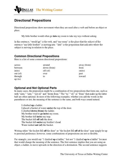 Directional Prepositions Pdf Preposition And Postposition Verb