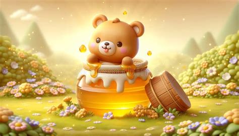 Cute 3d Bear In A Giant Honey Jar Surrounded By Bees Stock Illustration