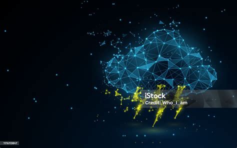 선 삼각형 및 파티클 스타일 디자인에서 천둥 아이콘구름 벡터 일러스트레이션 테크놀로지에 대한 스톡 벡터 아트 및 기타 이미지