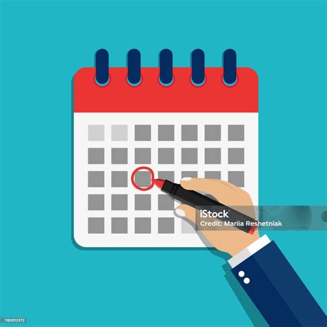 달력 날짜는 손 남자의 동그라미 마커의 달력 날짜의 동그라미 약속입니다 만화 체크 이벤트 일러스트 달력에 휴일을 표시합니다 계획 기한의 일정입니다 플랫 그래픽 벡터 달력에