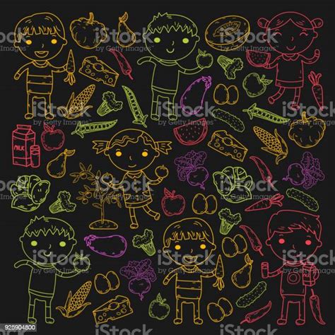 유치원 유치원 보육원 아이 들 건강 식품 남자와 여자를 야채와 과일을 먹는다 어린이 카페 메뉴 레스토랑입니다 비타민입니다 건강한 생활방식에 대한 스톡 벡터 아트 및 기타