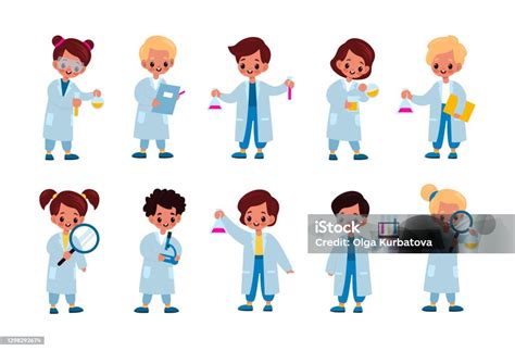 어린이 과학자 다른 실험실 항목과 의료 코트에 만화 어린이 소녀와 소년은 현미경 테스트 튜브 및 화학 시약을 보유하고 과학 및 교육 벡터 격리 세트 아이에 대한 스톡 벡터