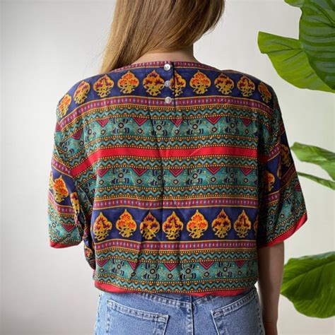 Vintage Colorful Blue Plus Size Silk Blouse Size 20 Gem