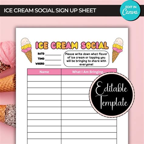 Ice Cream Social Sign Up Sheet Potluck Sign Up Sheet Printable Sign