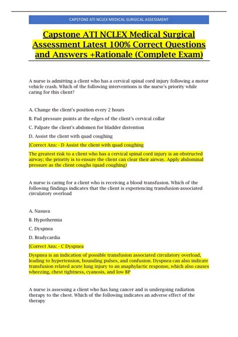 Capstone Ati Nclex Medical Surgical Assessment Latest 100 Correct Questions And Answers