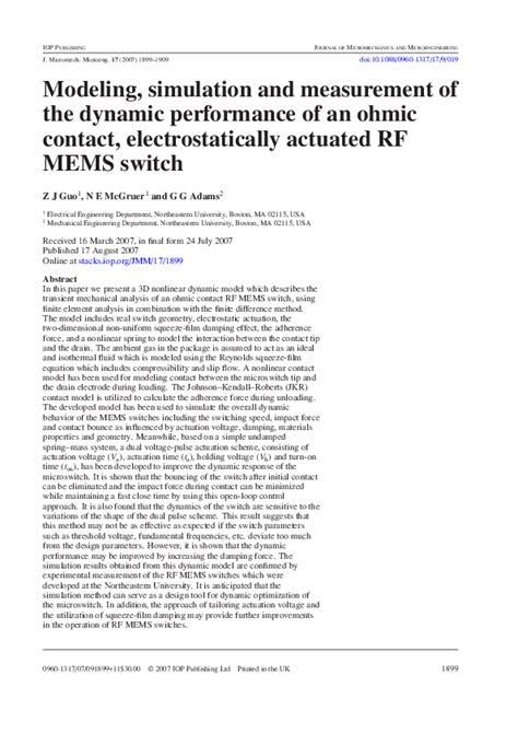 Pdf Modeling Simulation And Measurement Of The Dynamic Performance Of An Ohmic Contact