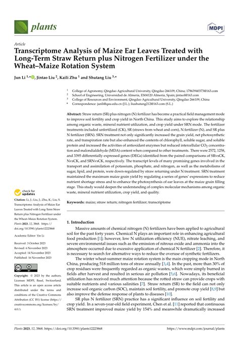 Pdf Transcriptome Analysis Of Maize Ear Leaves Treated With Long Term Straw Return Plus