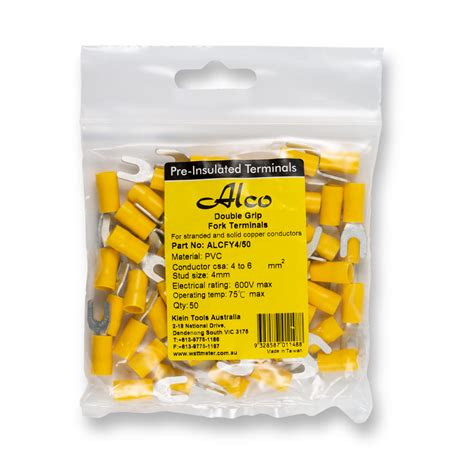 Crimp Terminal Pre Insulated Fork 4mm Cable 4 6mm² Yellow 50 Pack Alco