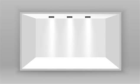 흰색 빈 홍보 3d 전시회 부스 프레 젠 테이션을위한 현장 쇼 연단 회색 배경에 스포트 라이트로 프리젠 테이션을위한 흰색 빈 실내 전시 스탠드 삽화 프리미엄 벡터
