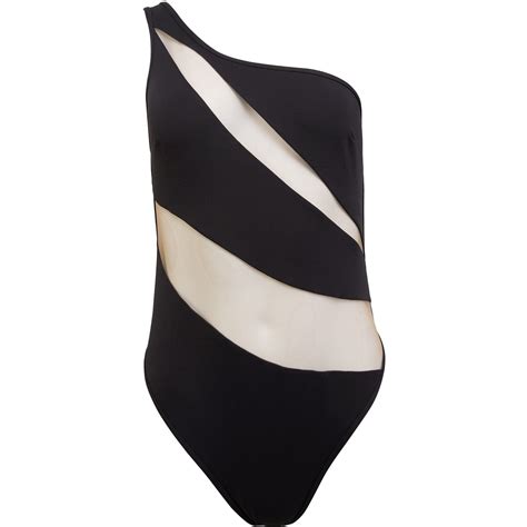 Wolf And Whistle Fuller Bust Asymmetric Swimsuit Nude Mesh Inserts Women Black Flannels