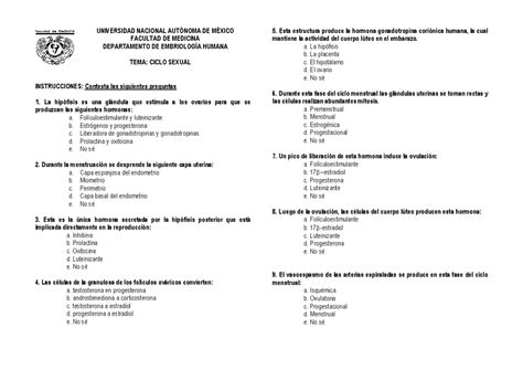 Preguntas Ciclo Sexual Universidad Nacional De Facultad De Medicina