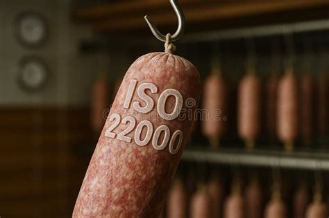 Cured Sausage Hanging With Iso 22000 Embossed On Casing Inside Meat Processing Chamber