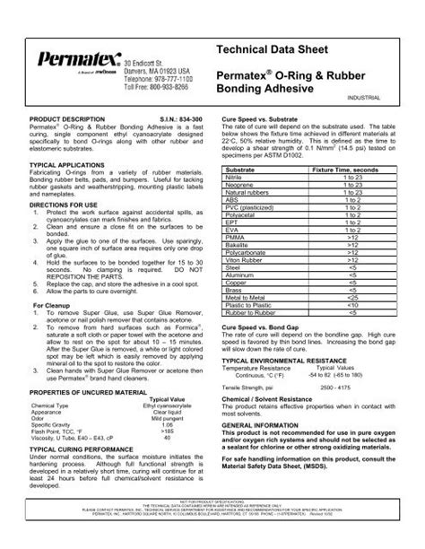 Technical Data Sheet Permatex O Ring And Rubber Bonding Devcon